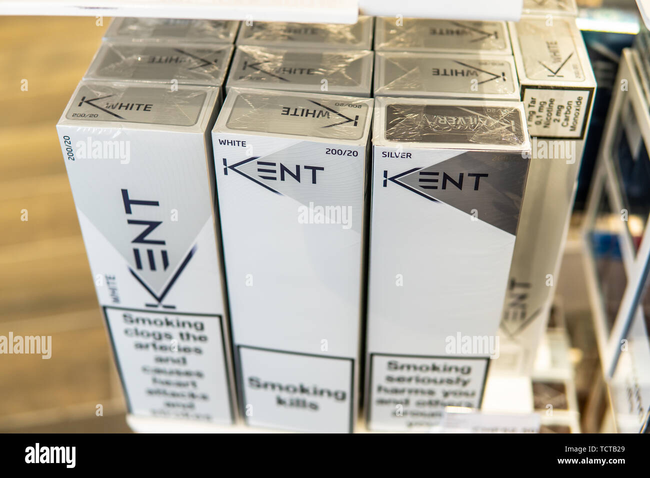 Geneva, Switzerland, March 10, 2019 shelves with pack of Kent ...