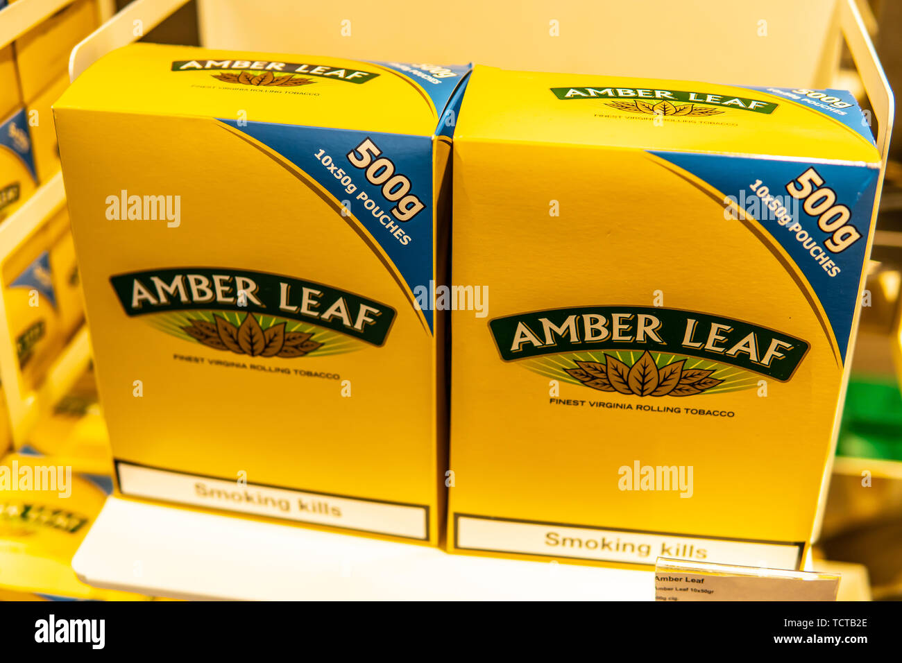 Geneva, Switzerland, March 03, 2019 shelves with Amber Leaf tobacco ...