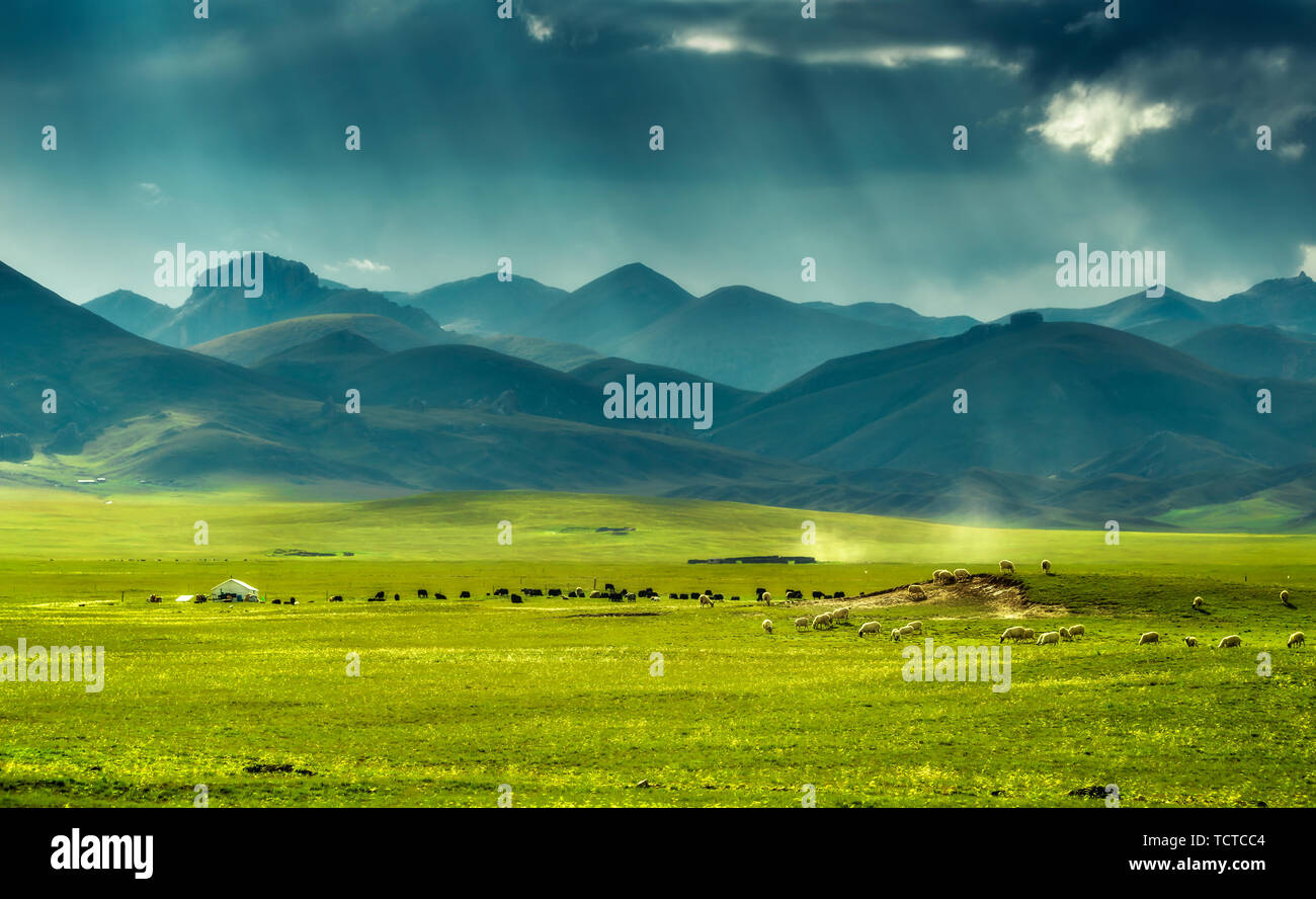 After the rain, the sun shines on the mountains of the prairie Stock ...