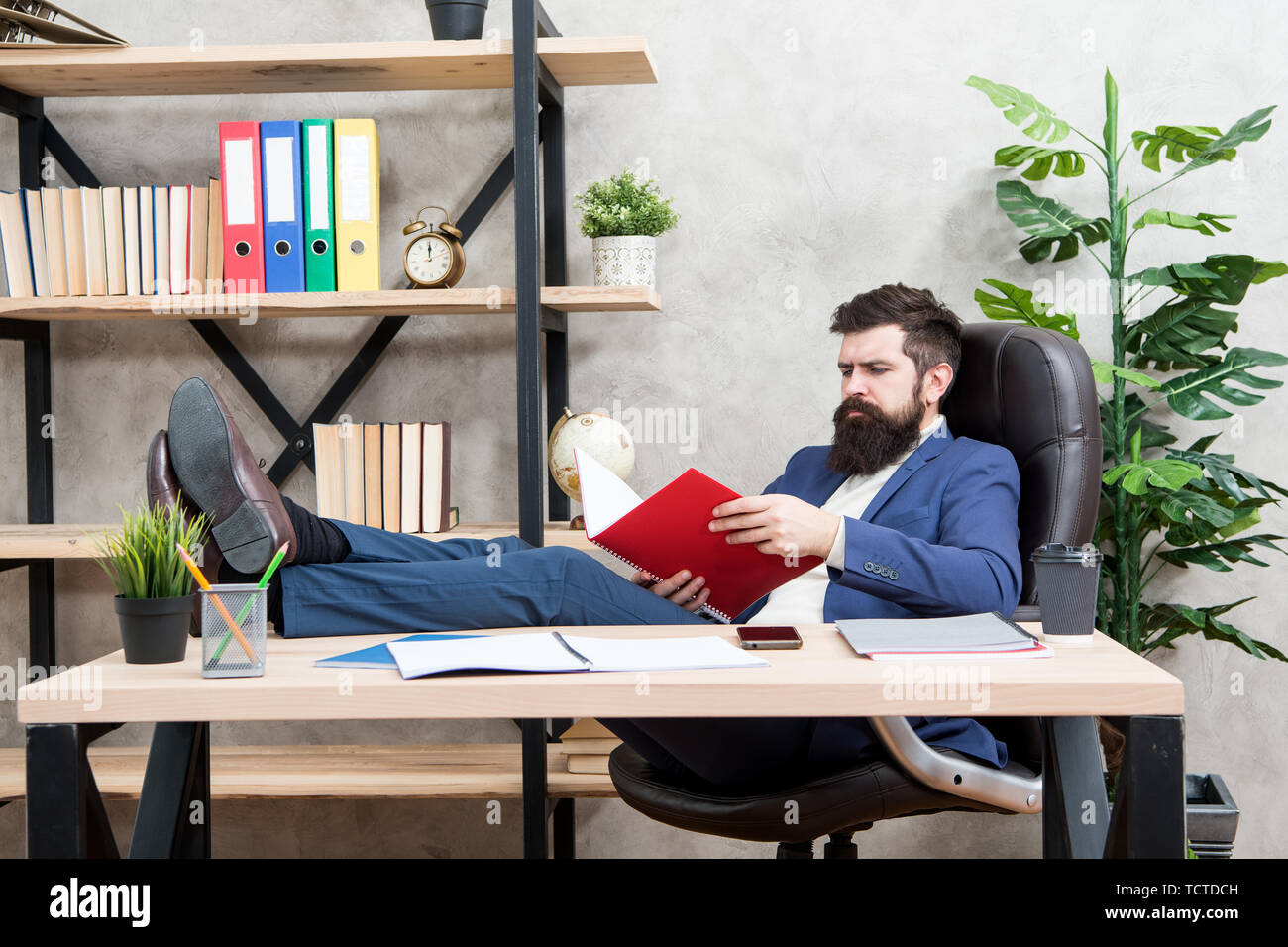 Financial report. Owner of small business. Man bearded businessman sit ...