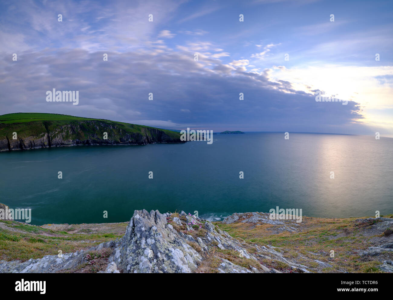 Mwnt, Wales - May 23, 2019: Evening light on the Ceredigion coast and ...