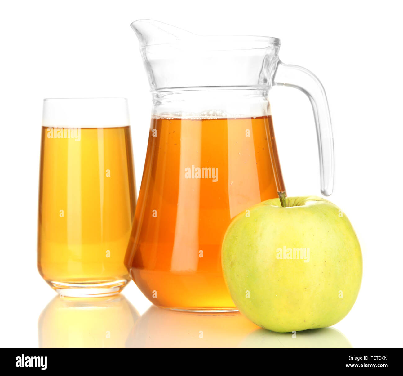 Full glass and jug of apple juice and apple isolted on white Stock ...