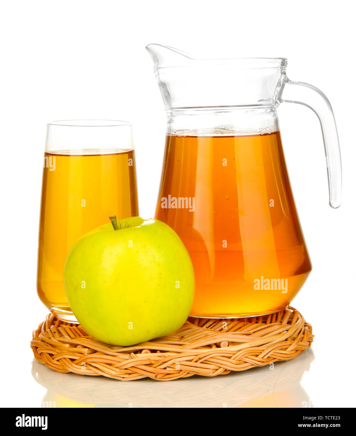 Full glass and jug of apple juice and apple isolted on white Stock ...