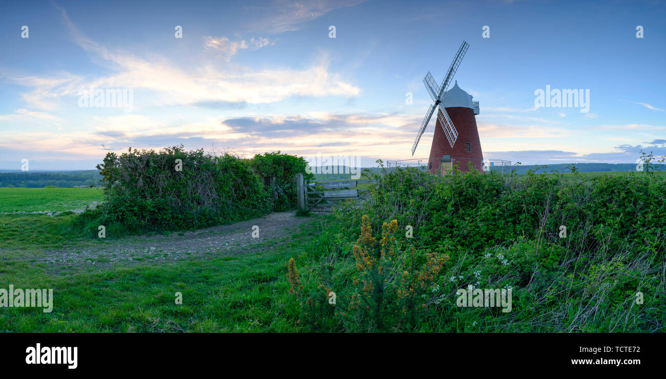 Halnaker, UK - May 10, 2019: Sunset on the windmill at Halnaker Hill ...