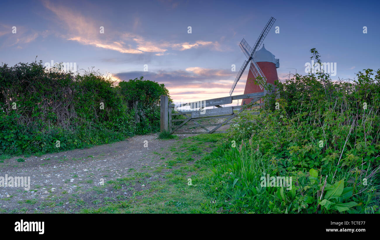 Halnaker, UK - May 10, 2019: Sunset on the windmill at Halnaker Hill ...