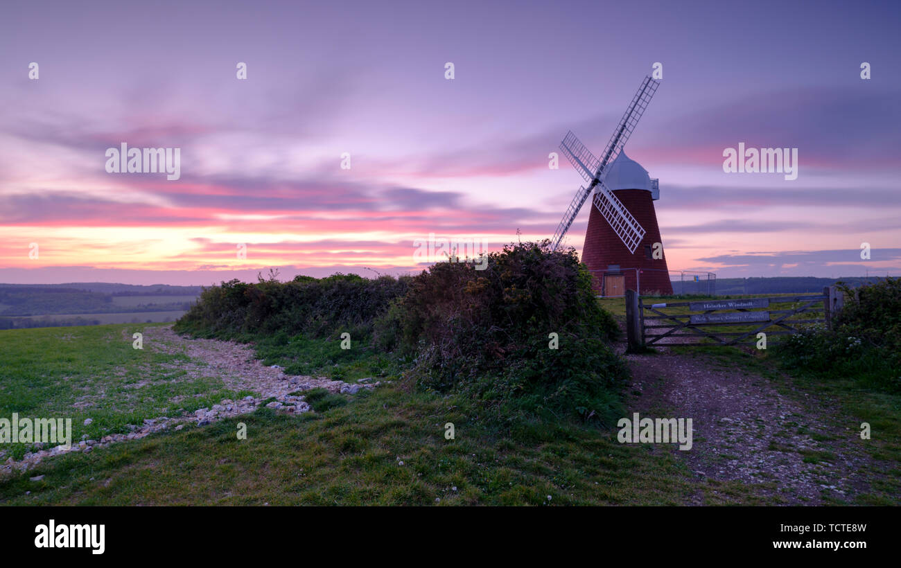 Halnaker, UK - May 10, 2019: Sunset on the windmill at Halnaker Hill ...
