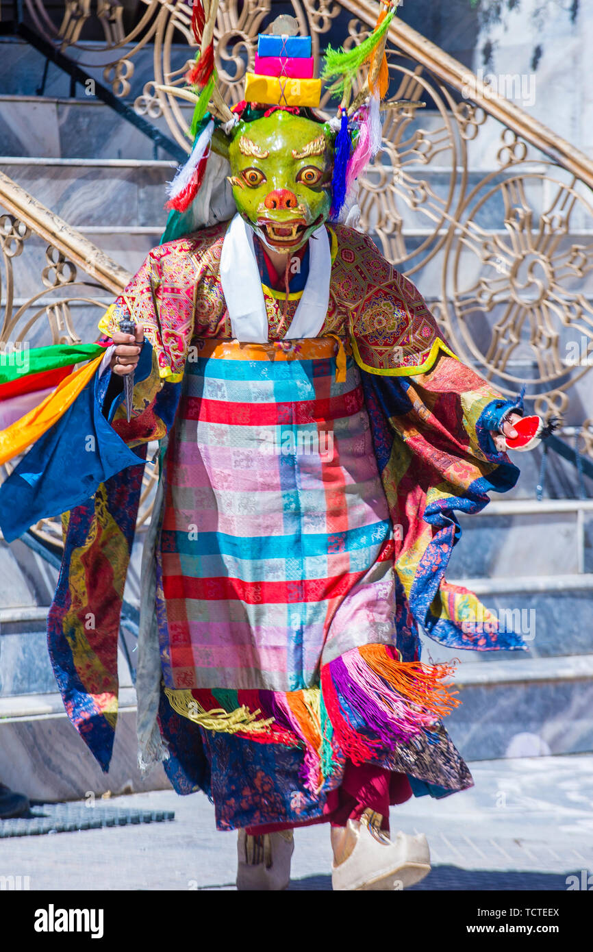 Buddhist monk performing Cham dance during the Ladakh Festival in Leh ...