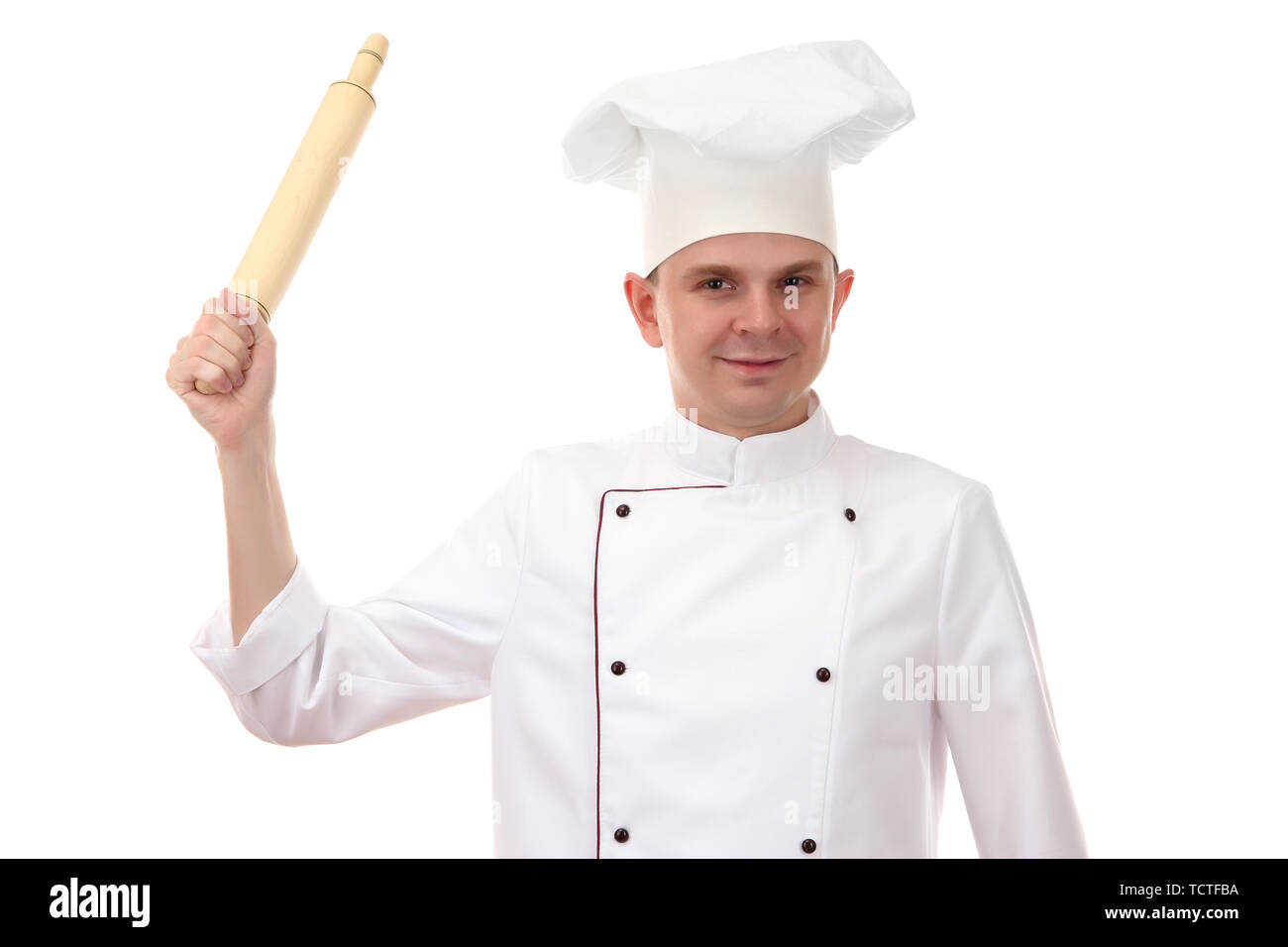 portrait of chef with rolling pin isolated on white Stock Photo - Alamy
