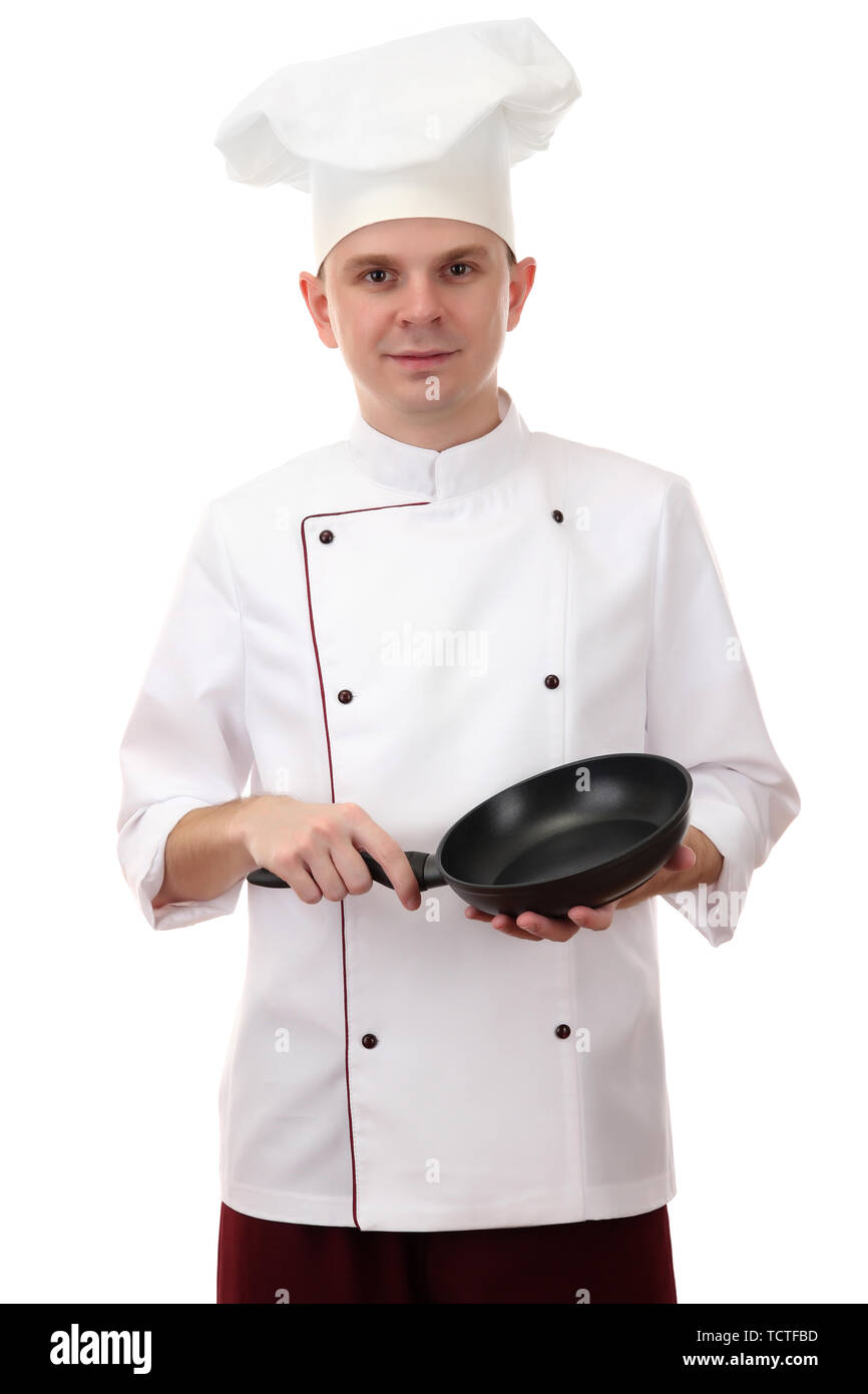 portrait of chef with frying pan isolated on white Stock Photo - Alamy