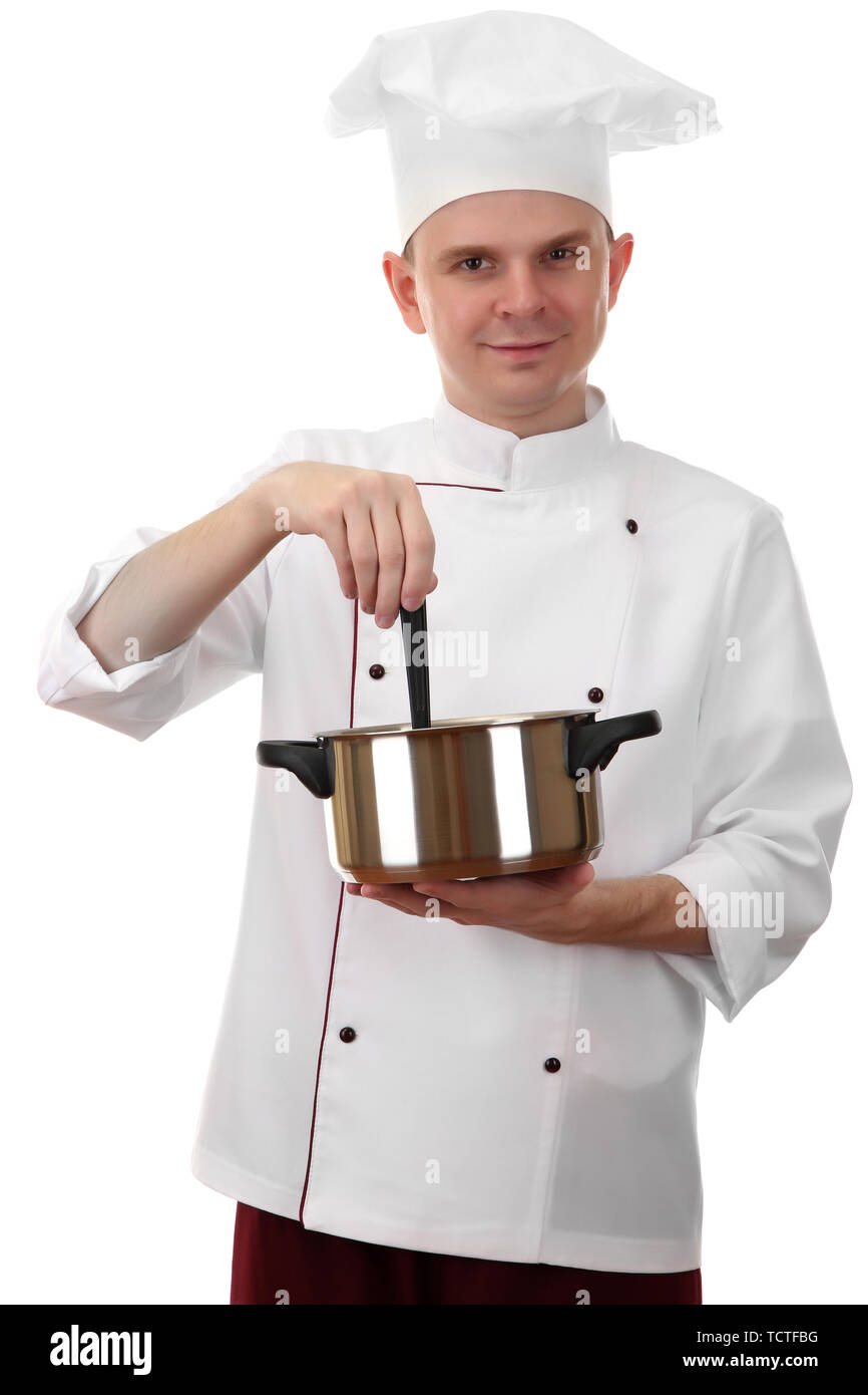 portrait of chef with pan isolated on white Stock Photo - Alamy