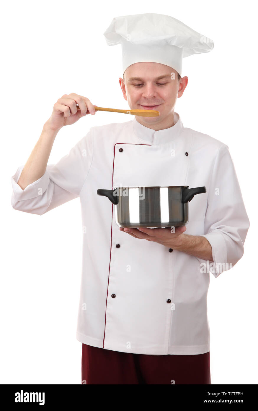 portrait of chef with pan isolated on white Stock Photo - Alamy