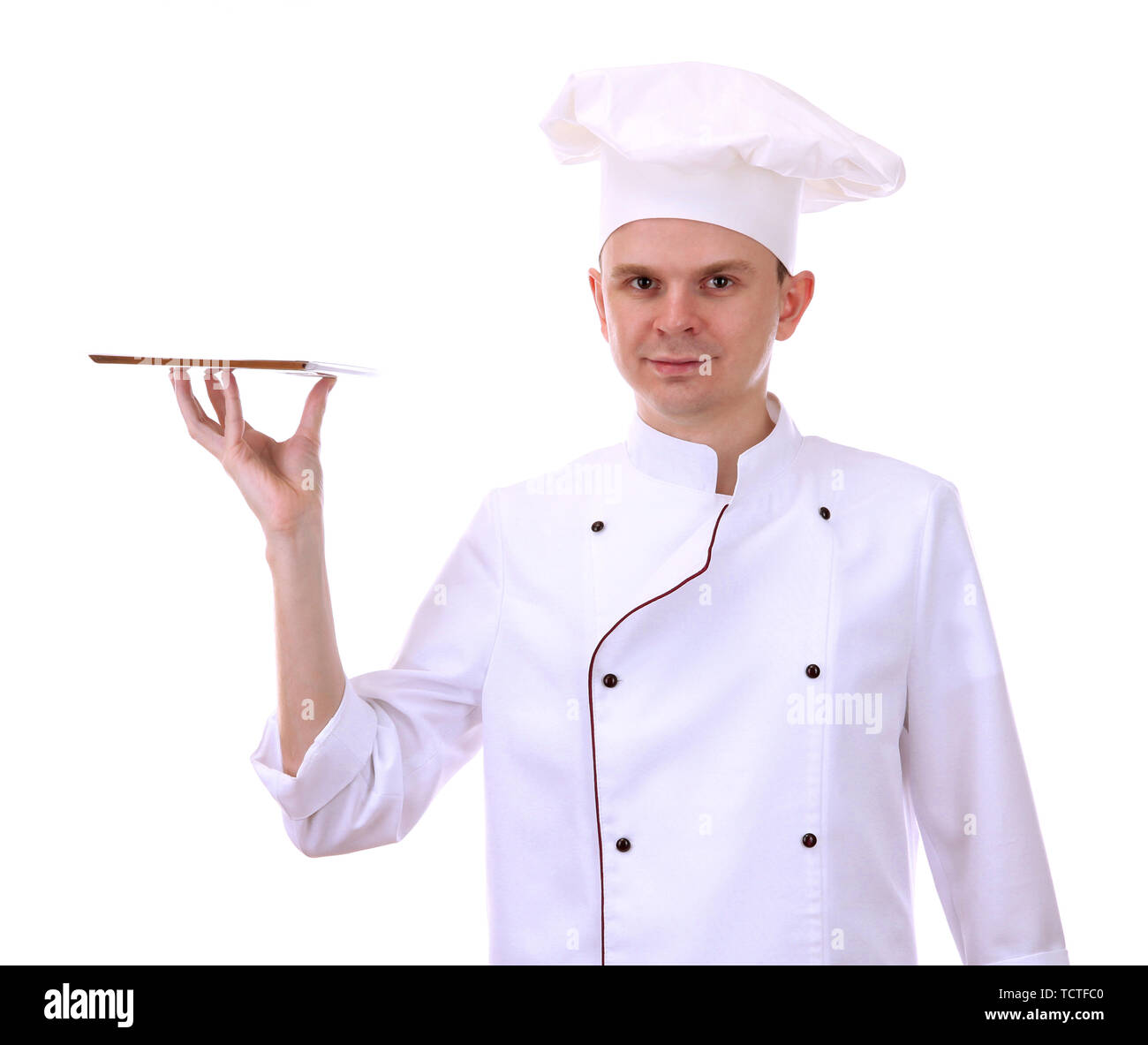portrait of chef with tray isolated on white Stock Photo - Alamy