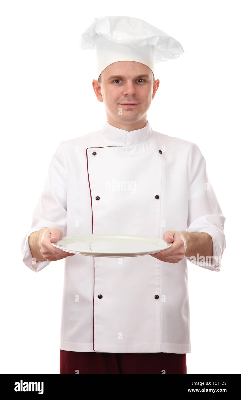 portrait of chef with tray isolated on white Stock Photo - Alamy