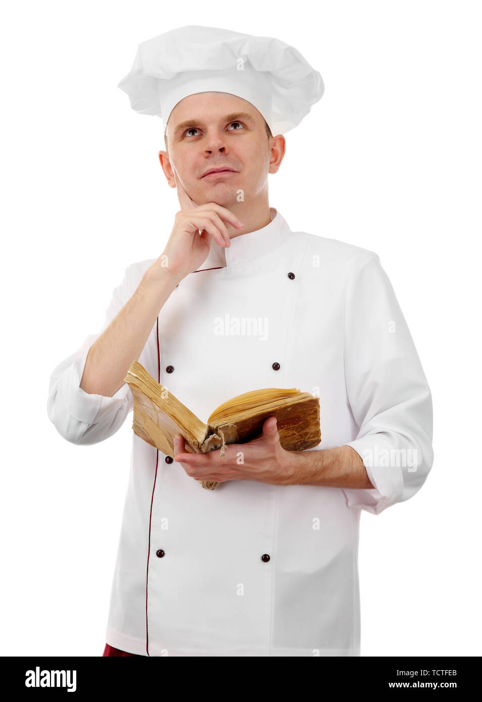 Chef thinking with book recipe isolated on white Stock Photo - Alamy