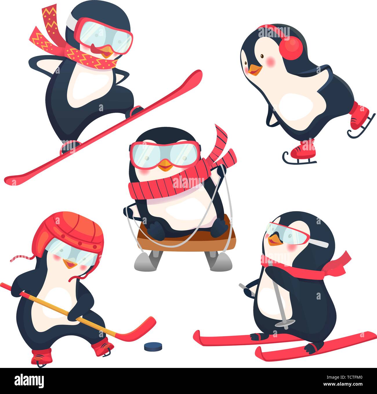 Winter sports. Childrens sports concept. Active penguins in winter ...