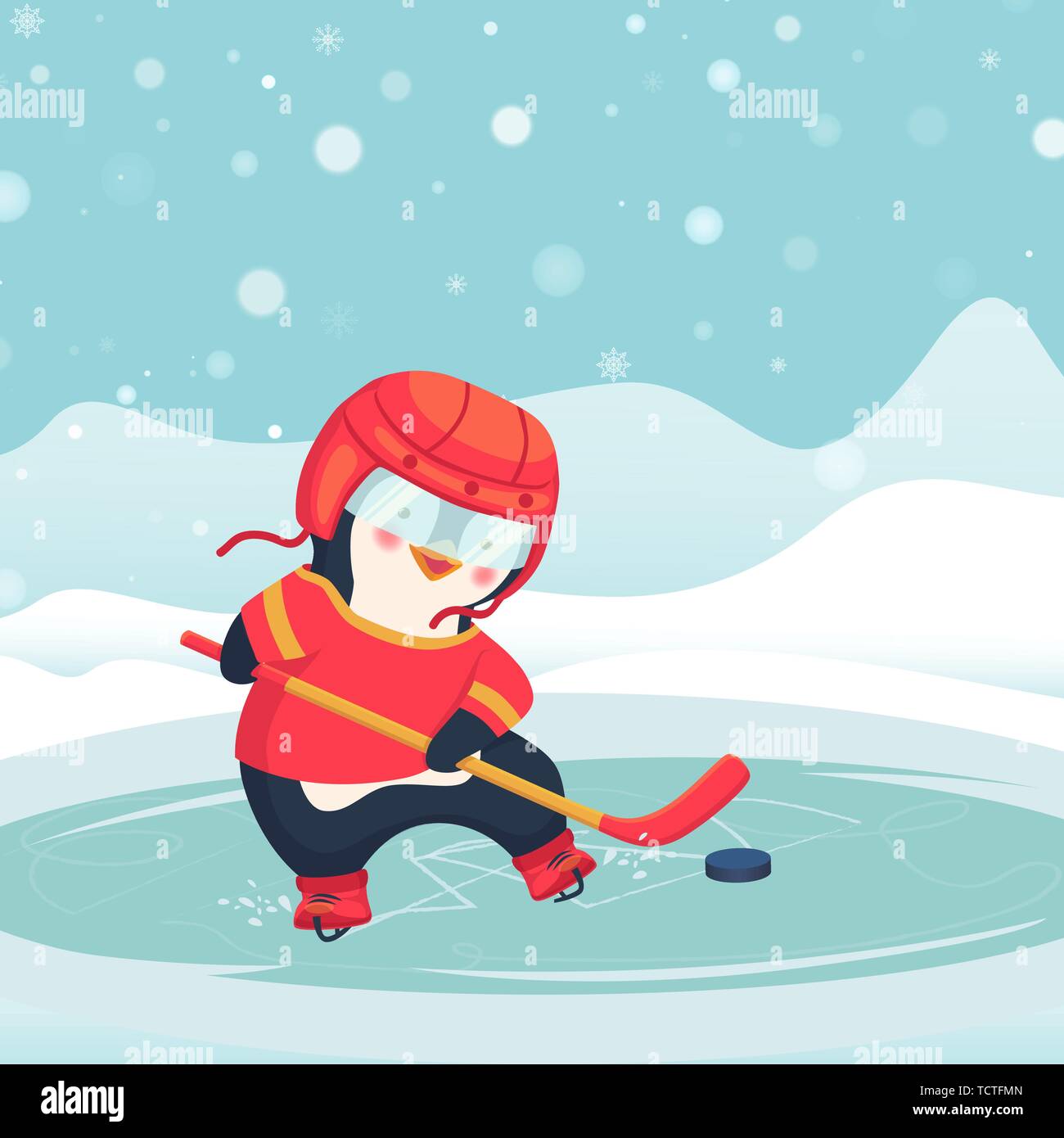 Childrens sports concept. Penguin play ice hockey in the winter. Kids ...