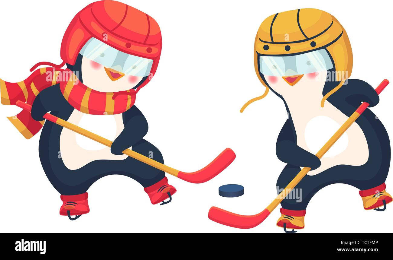 Childrens sports concept. Penguin play ice hockey in the winter. Kids ...