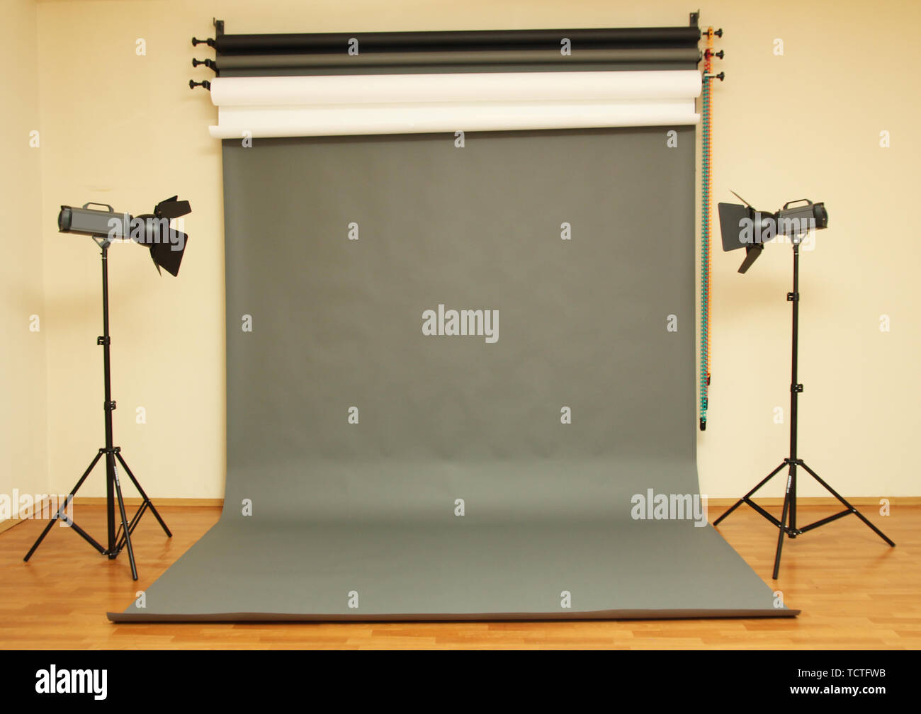 Empty photo studio with lighting equipment Stock Photo - Alamy