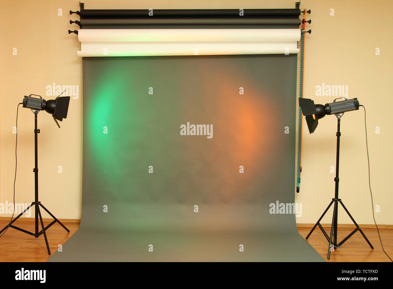 Empty photo studio with lighting equipment Stock Photo - Alamy