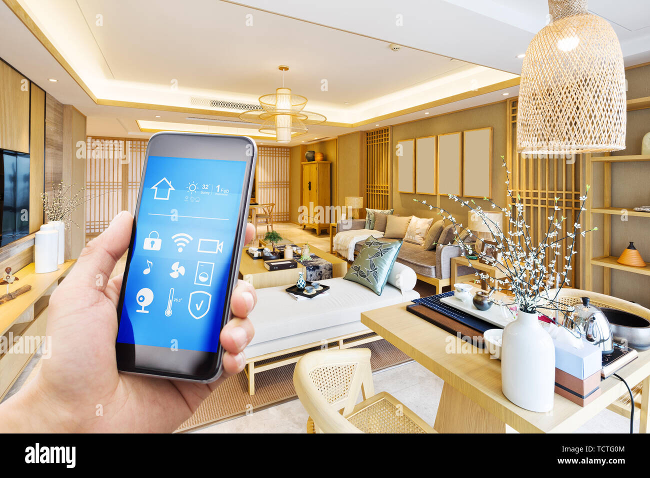 smart phone with smart home with modern living room Stock Photo - Alamy