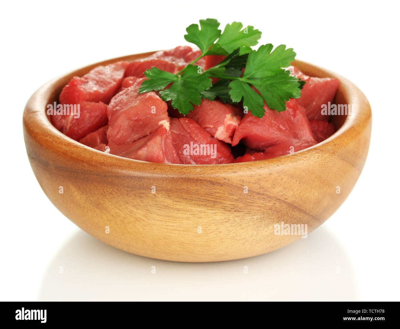 Raw beef meat in bowl isolated on white Stock Photo - Alamy