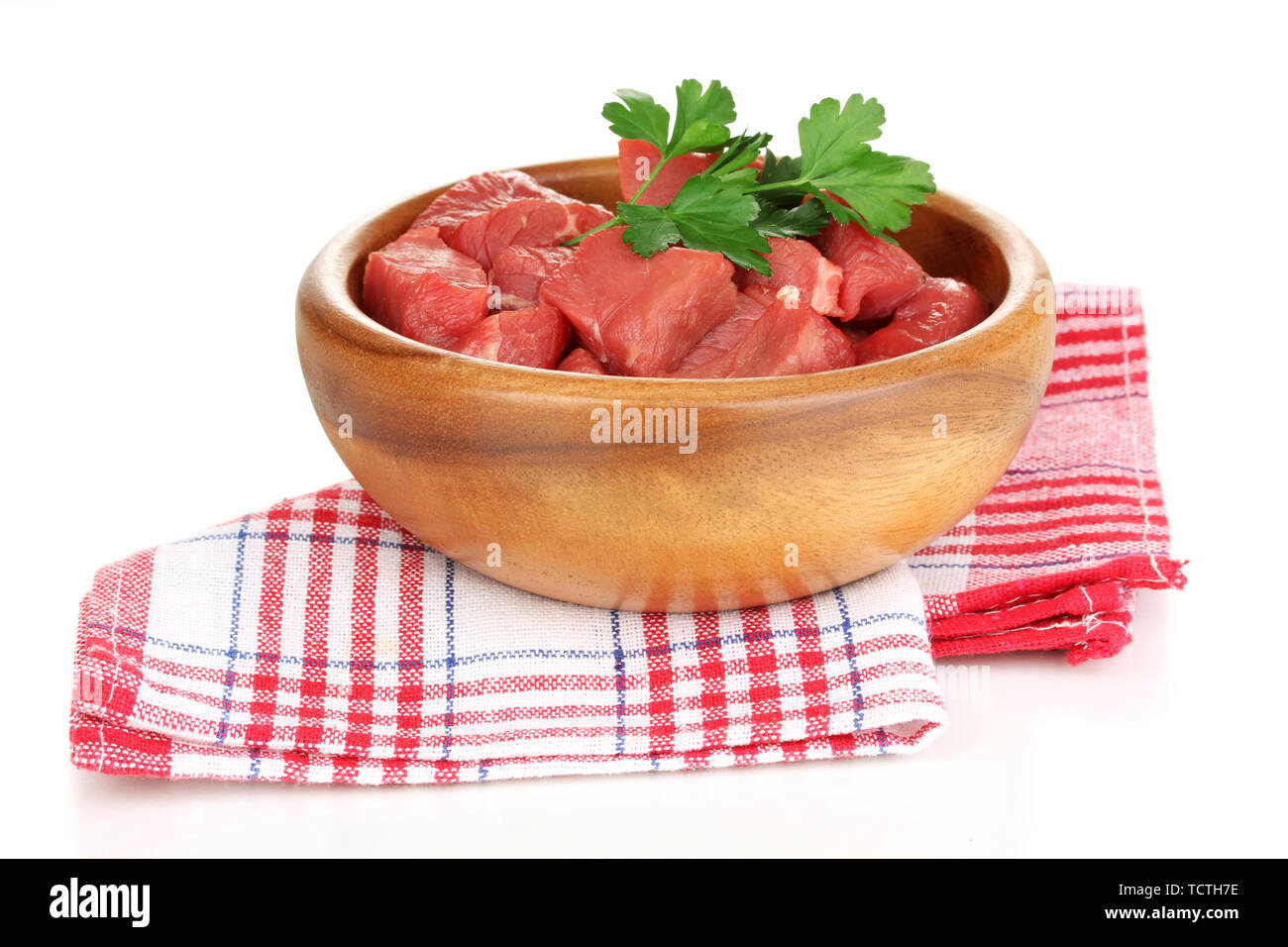Raw beef meat in bowl isolated on white Stock Photo - Alamy