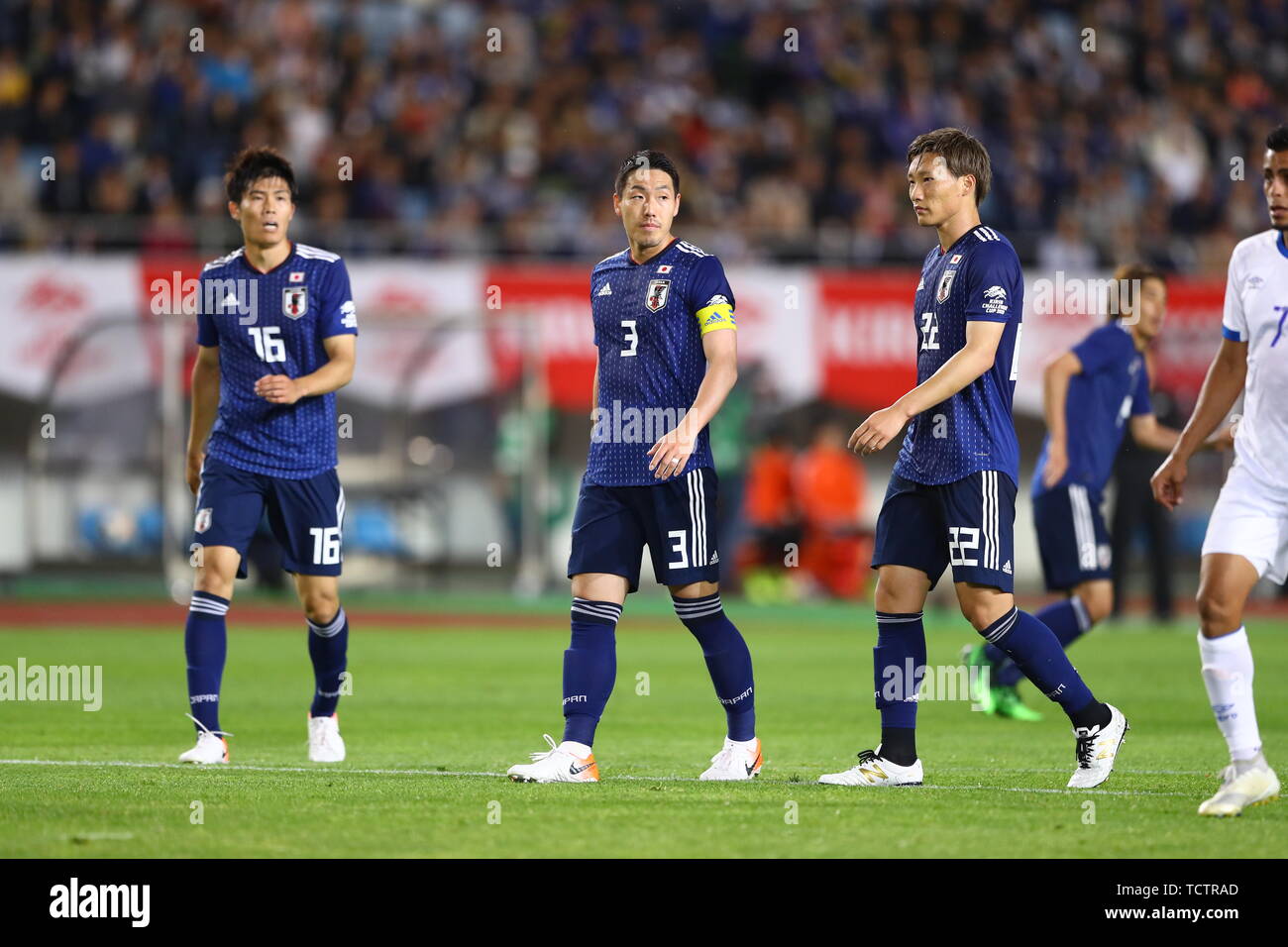 (L-R) Japan's Takehiro Tomiyasu, Gen Shoji and Shinnosuke Hatanaka ...