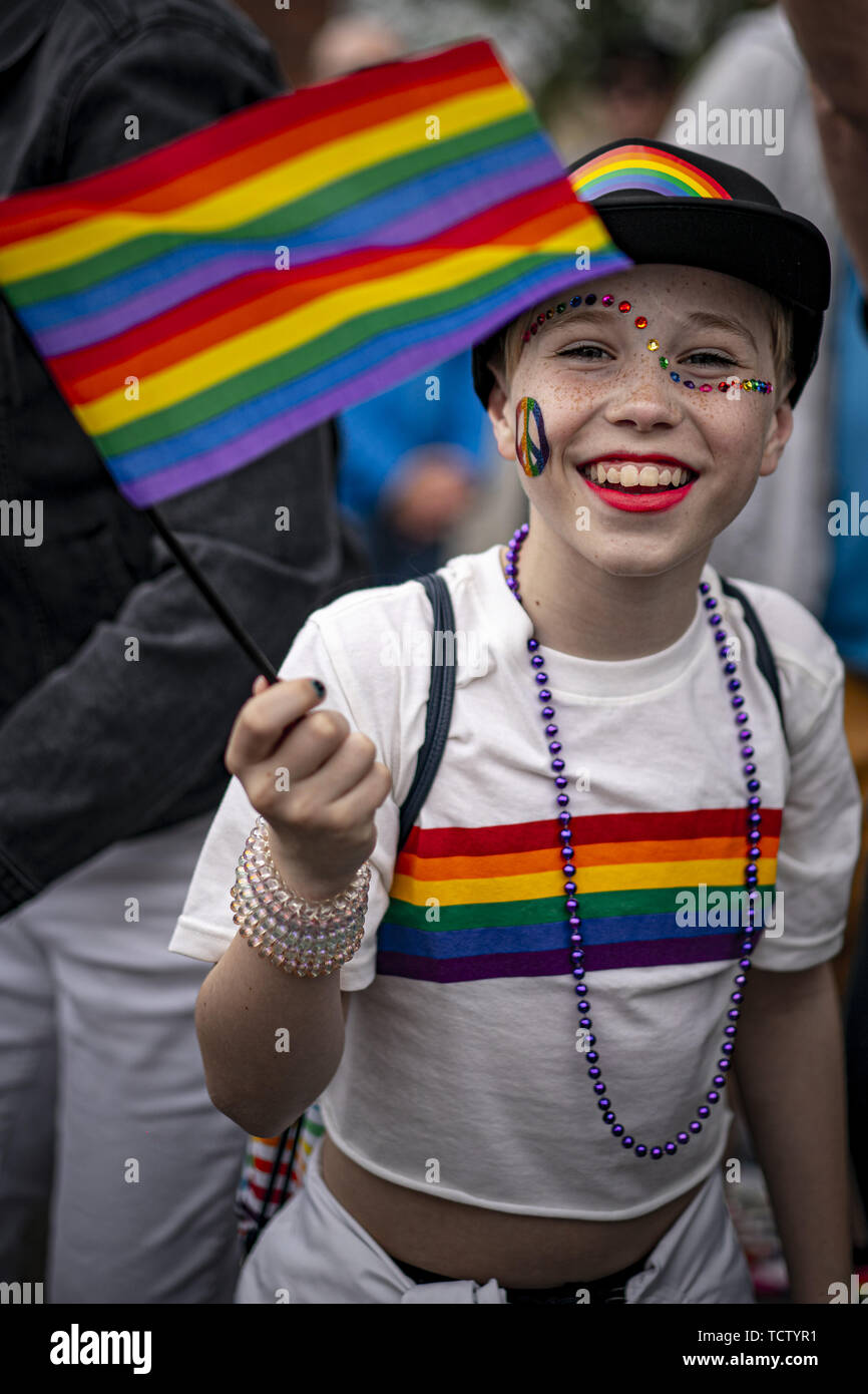 Milwaukee, Wisconsin, USA. 9th June, 2019. Young Pride reveler ALEX ...