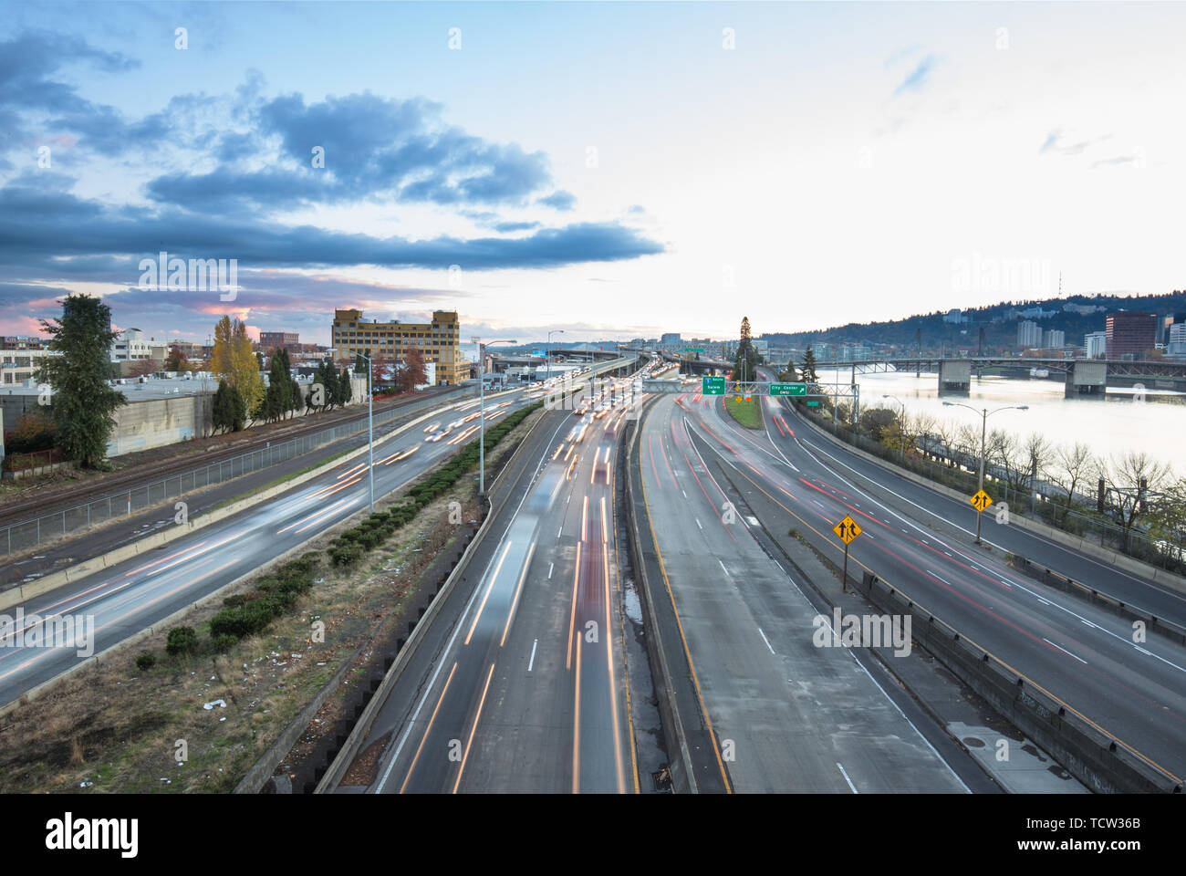 traffic on road with cityscape and skyline of portland Stock Photo - Alamy