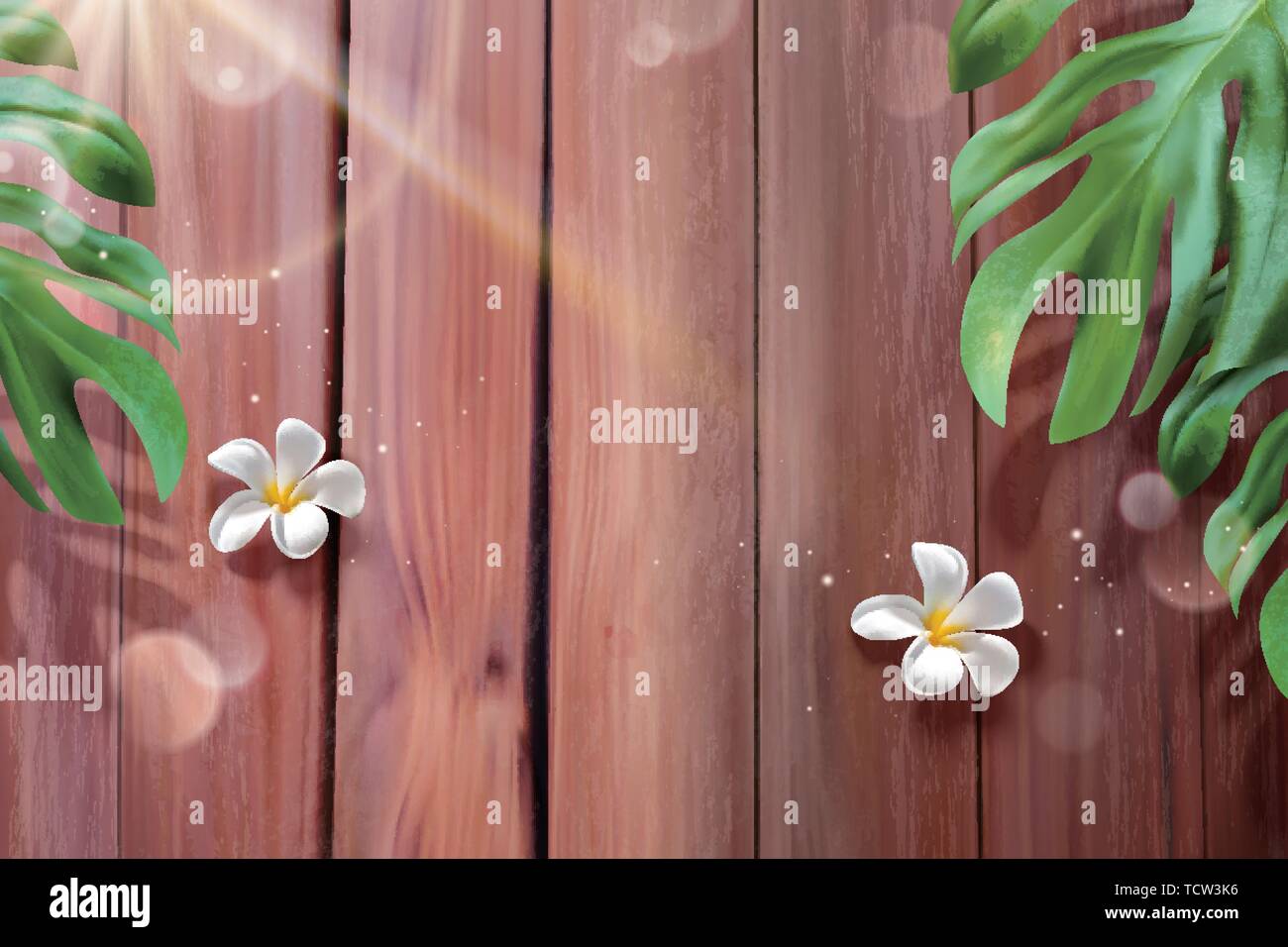 Tropical plants and plumeria laying on the wooden plank in 3d ...