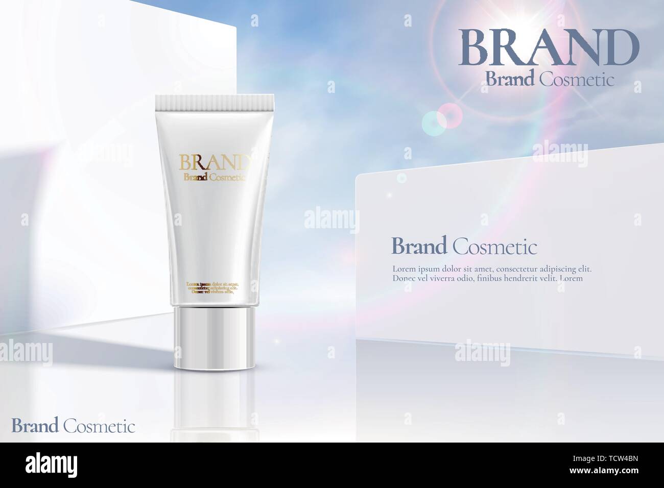 Cosmetic tube ads on white clear wall background with sunbeam in 3d ...