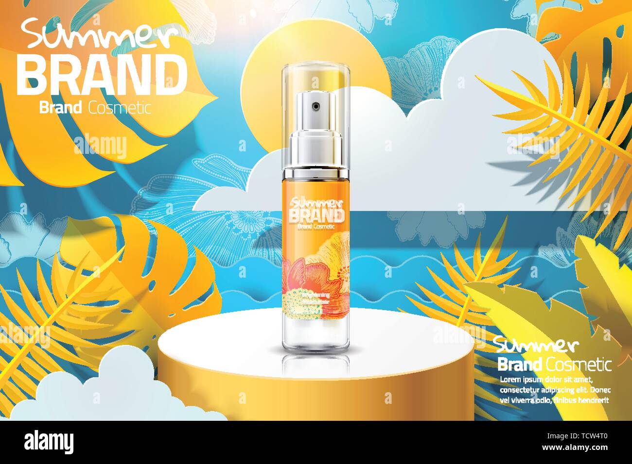 Summer cosmetic skincare ads on cylinder stage and paper art tropical ...