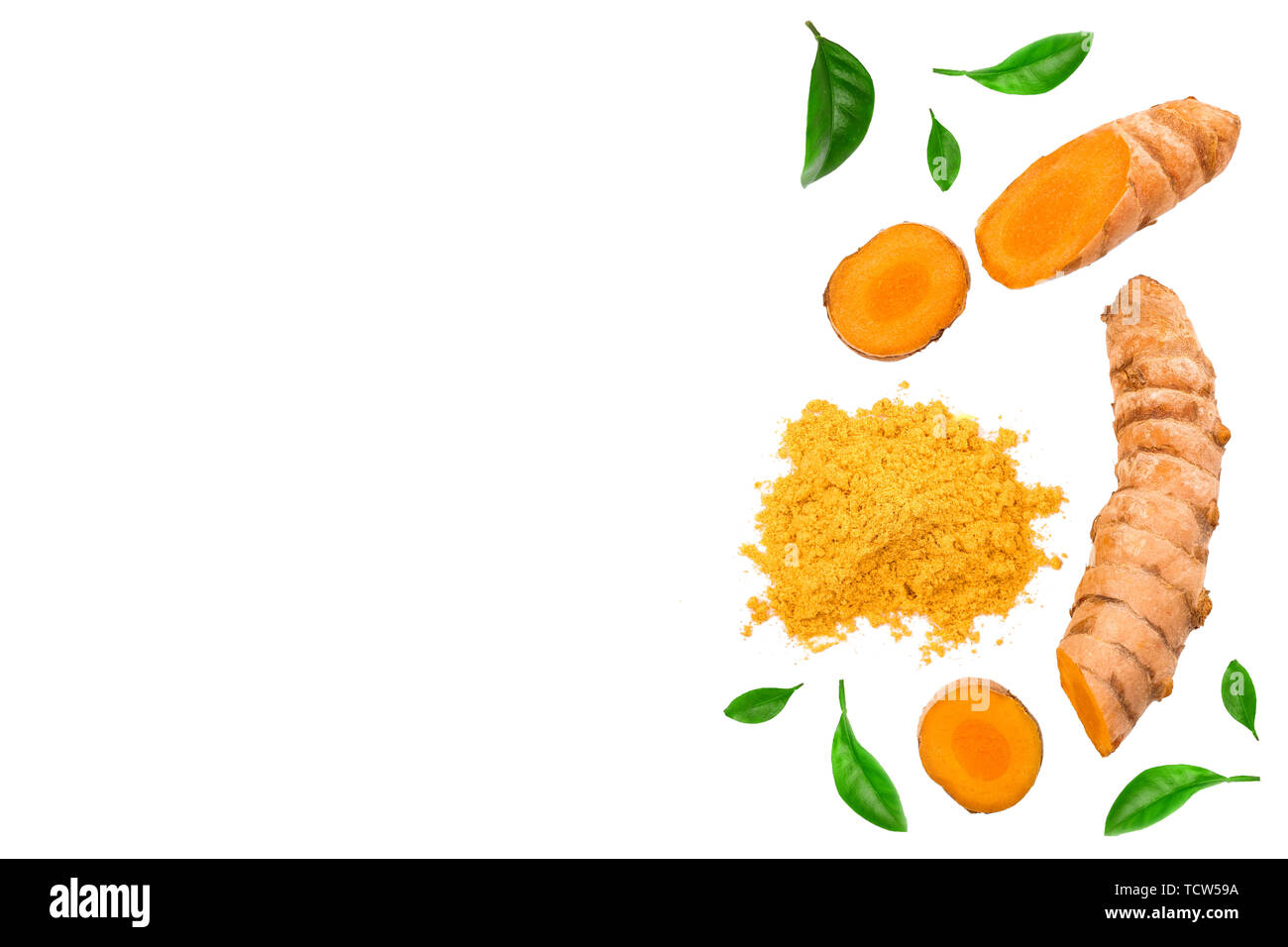 Turmeric powder and turmeric root isolated on white background with ...
