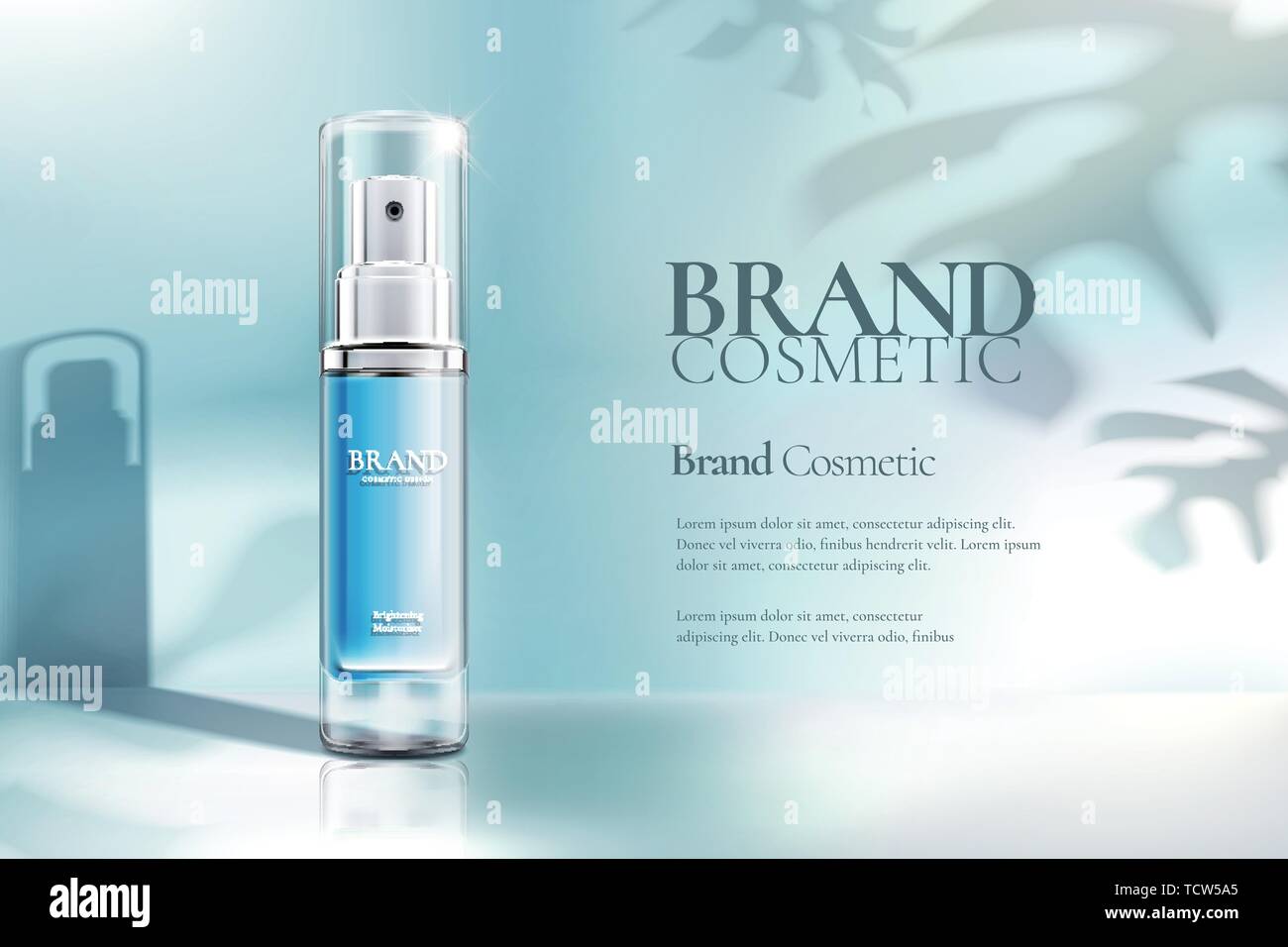Cosmetic spray bottle ads on clear blue background with foliage shadow ...