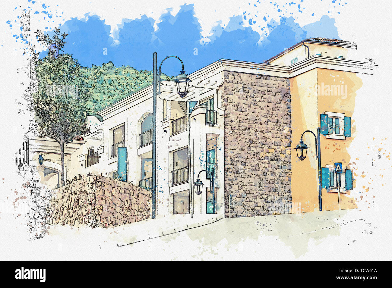 Watercolor sketch or illustration of a view of the city street of a ...