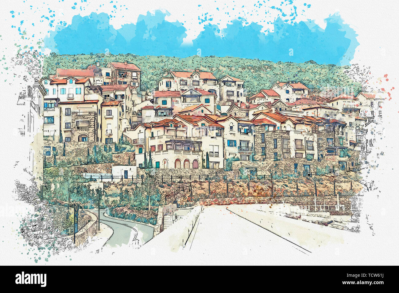 Watercolor sketch or illustration of a view of the city street of a ...