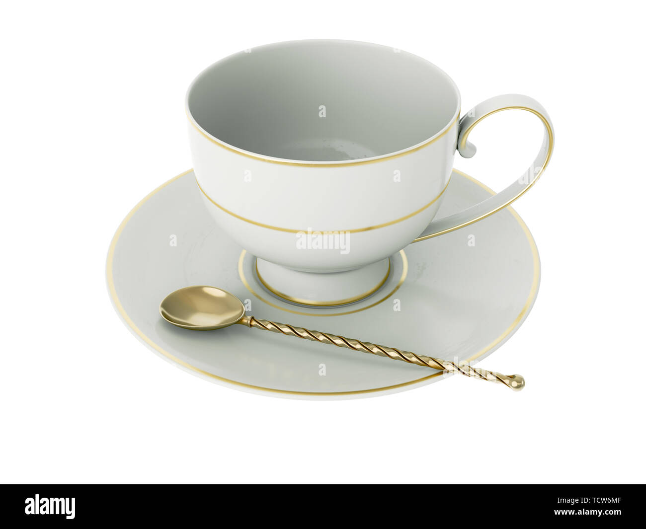 Isolated empty elegant antique porcelain white tea cup on saucer with ...