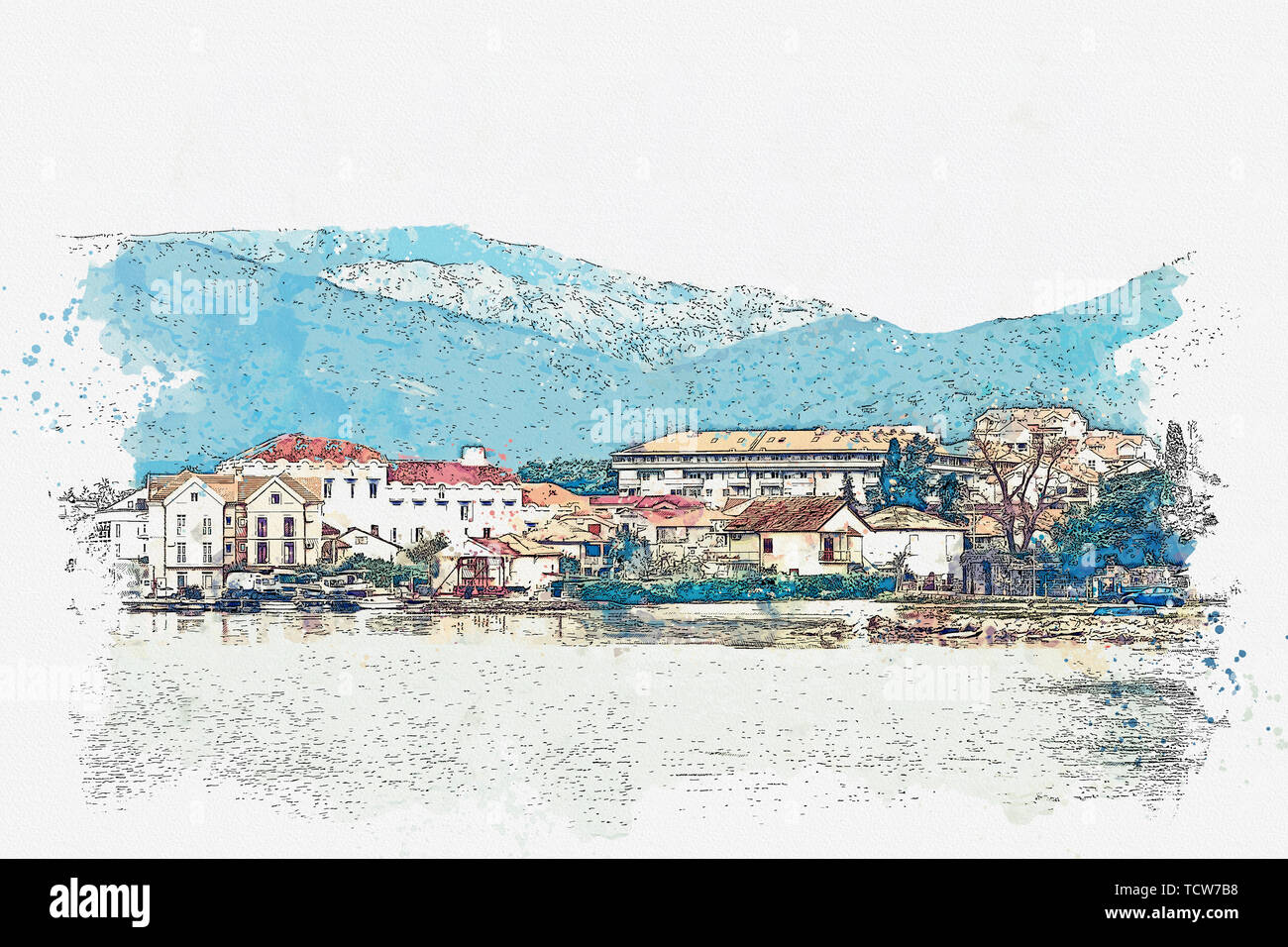 Watercolor sketch or illustration of a view of the architecture or ...