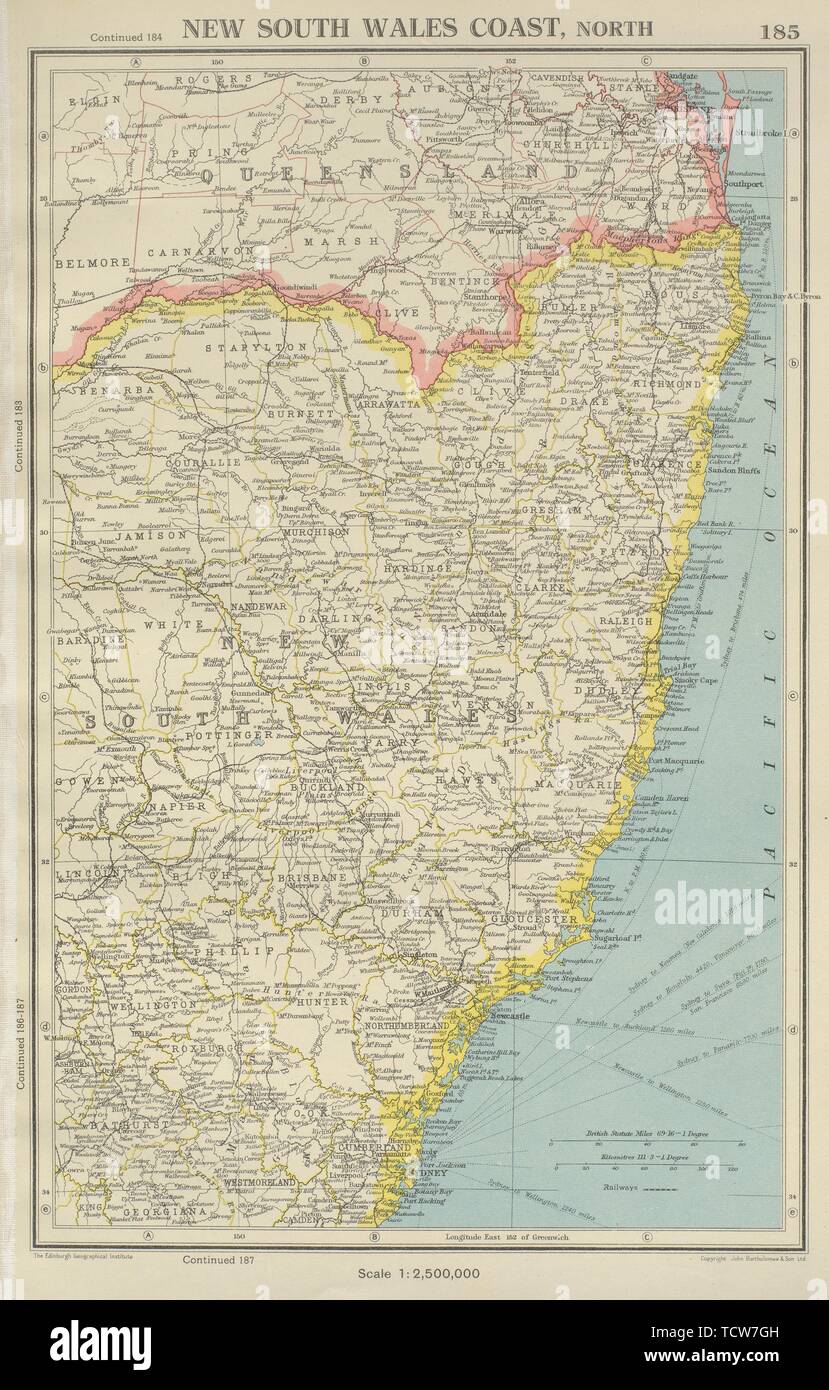 NEW SOUTH WALES COAST, NORTH. showing counties. BARTHOLOMEW 1947 old ...