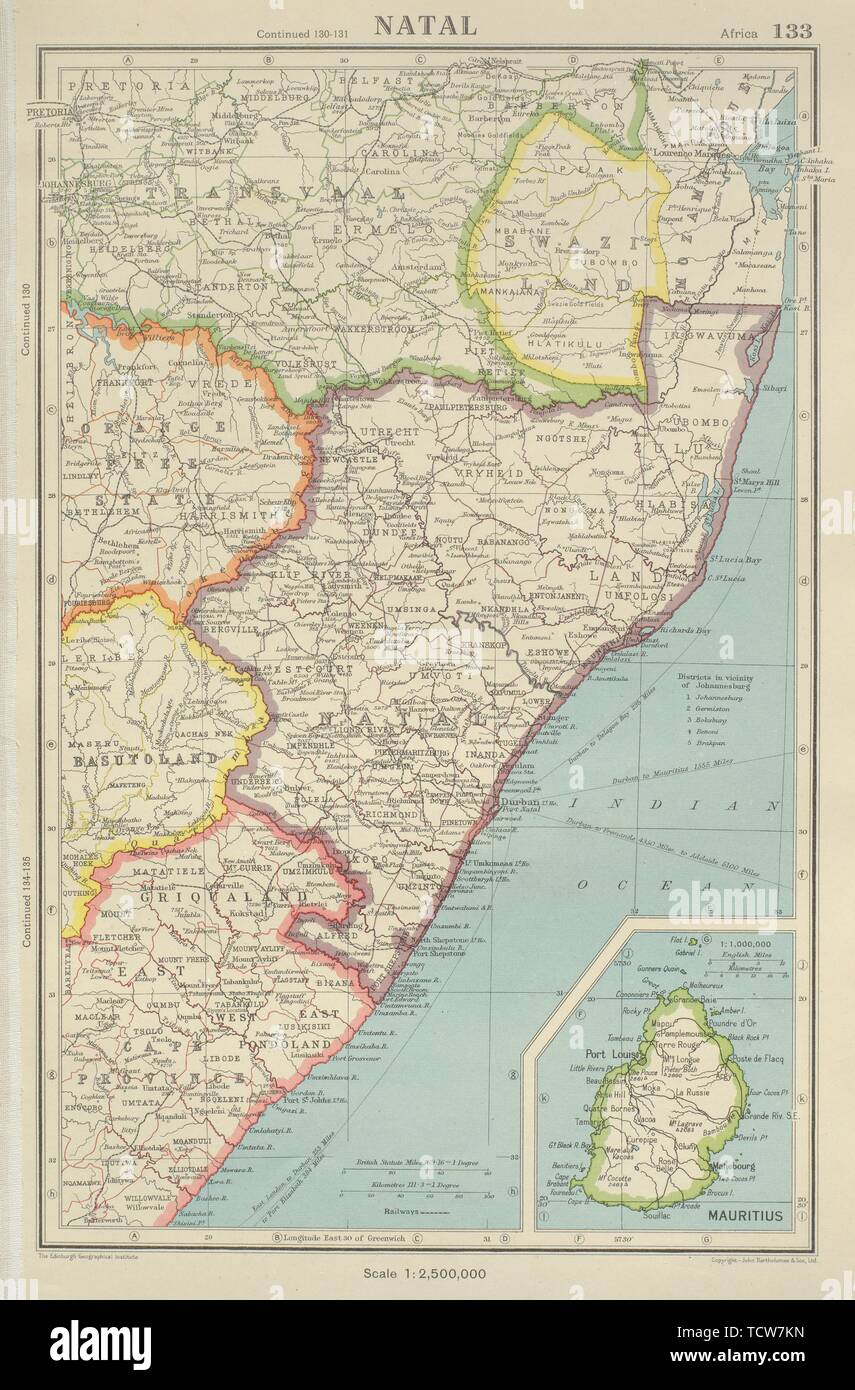 NATAL, SWAZILAND & Mauritius. South Africa. BARTHOLOMEW 1947 old ...