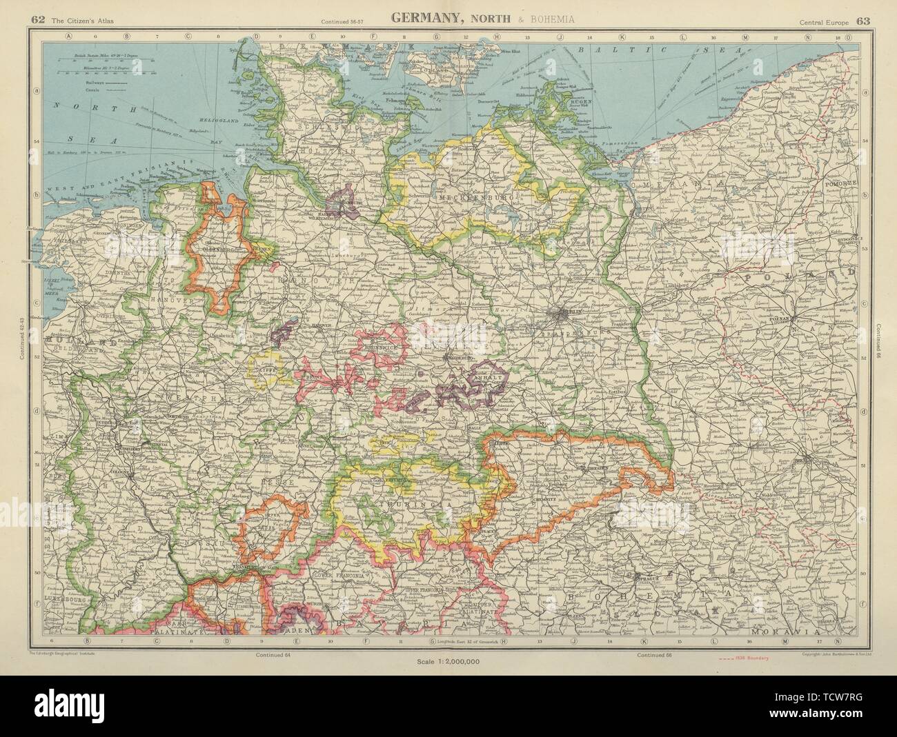 NORTHERN GERMANY showing 1938 border with Poland. BARTHOLOMEW 1947 old ...