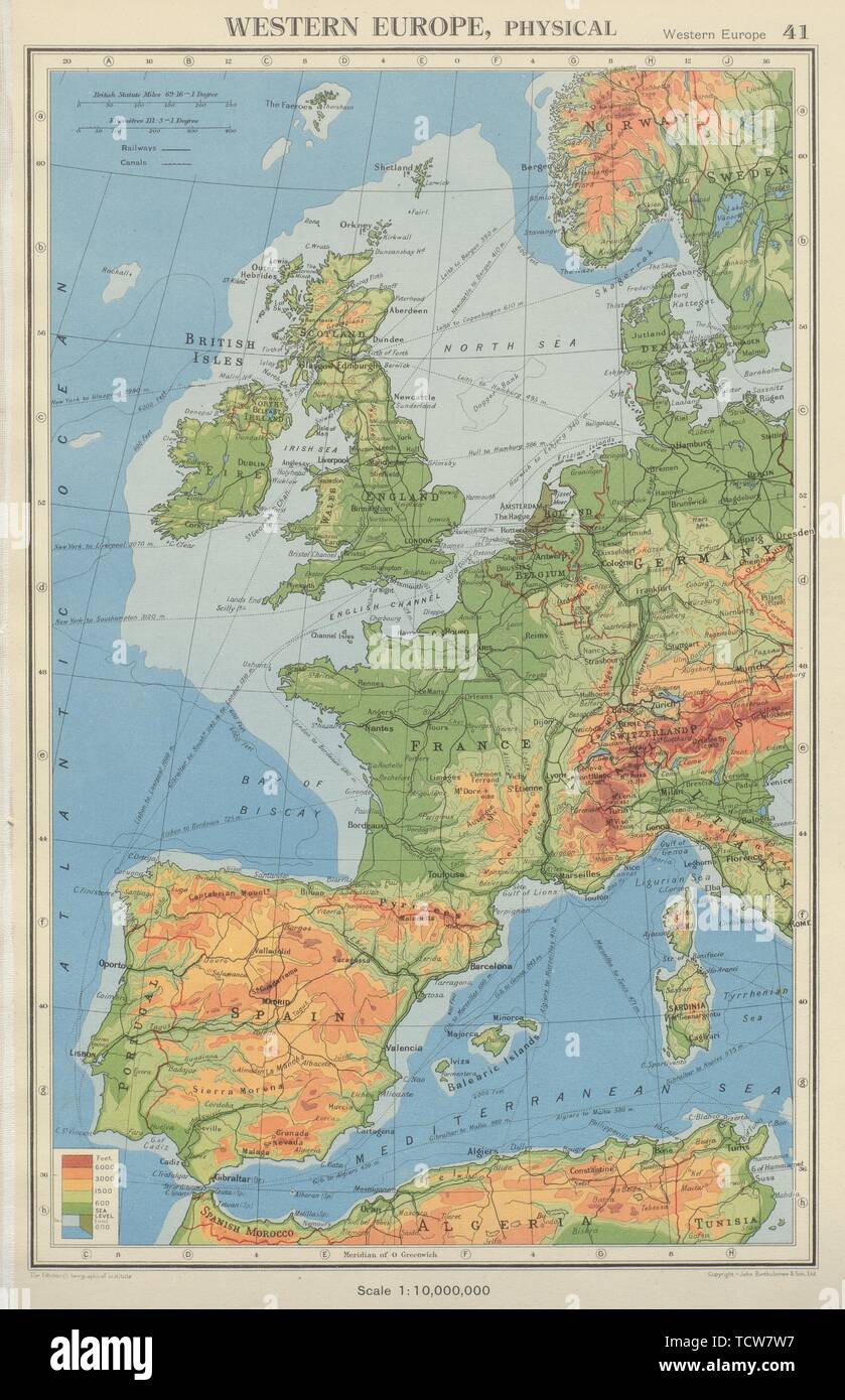 WESTERN EUROPE. Physical & main railways. BARTHOLOMEW 1947 old vintage ...