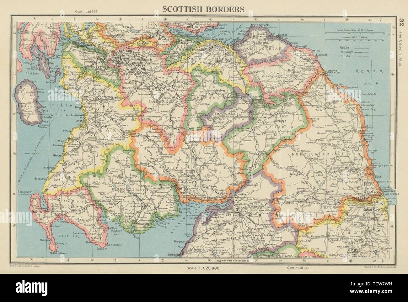 SCOTTISH BORDERS. Scotland south. BARTHOLOMEW 1947 old vintage map plan ...