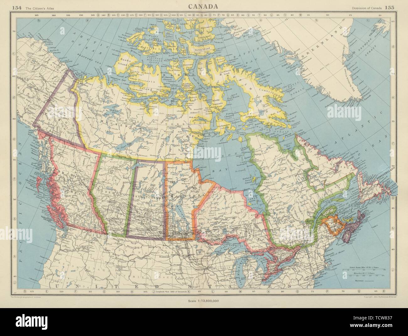 CANADA. showing provinces & railways. BARTHOLOMEW 1947 old vintage map ...