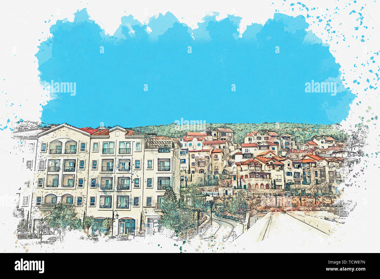 Watercolor sketch or illustration of a view of the city street of a ...