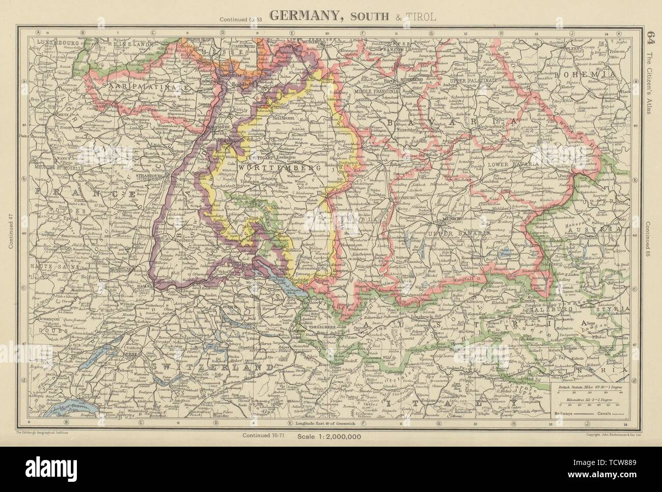 SOUTHERN GERMANY. Bavaria Wurttemberg Saar Baden. BARTHOLOMEW 1947 old ...