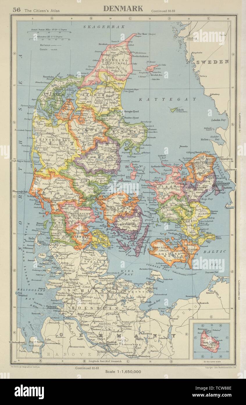 DENMARK. showing counties/amter. BARTHOLOMEW 1947 old vintage map plan ...