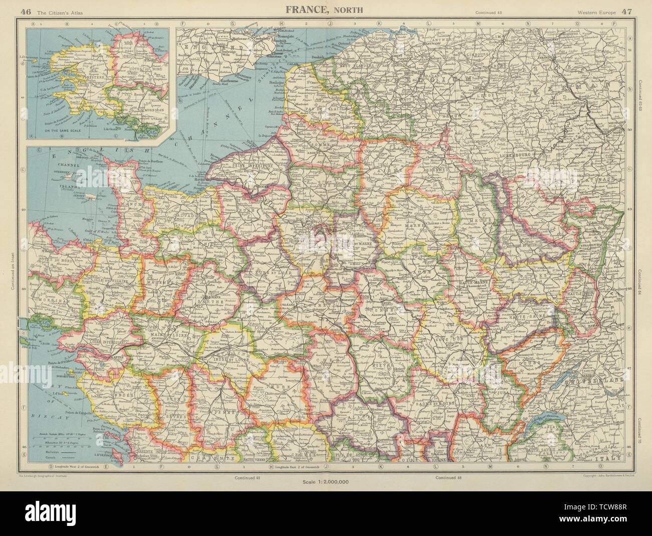 FRANCE NORTH in departements. BARTHOLOMEW 1947 old vintage map plan ...