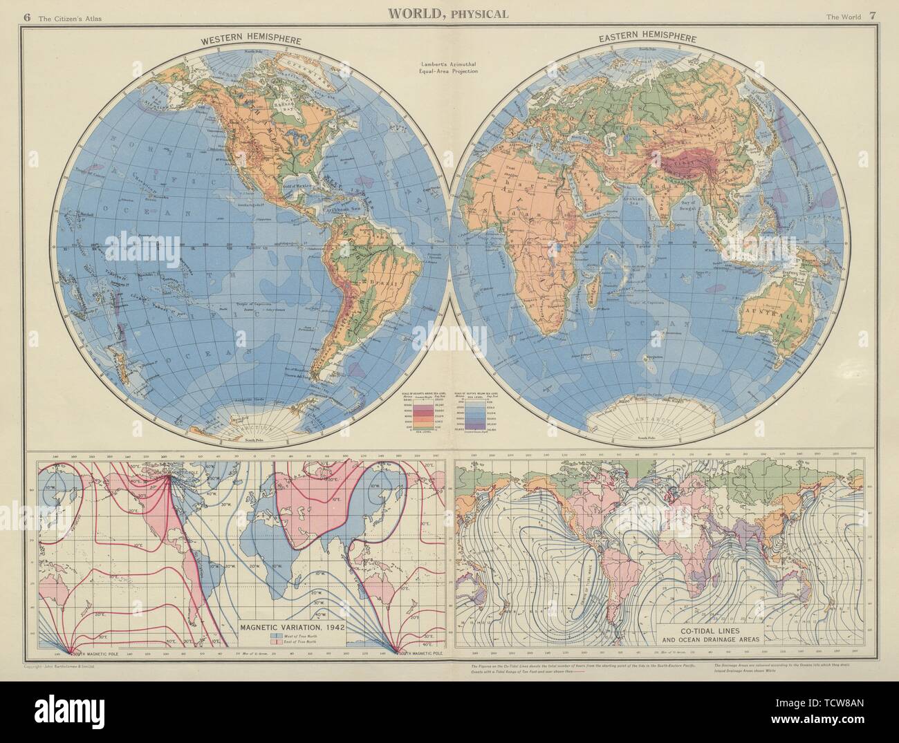 WORLD MAGNETIC VARIATION & COTIDAL LINES. Physical. Ocean Drainage 1947 ...