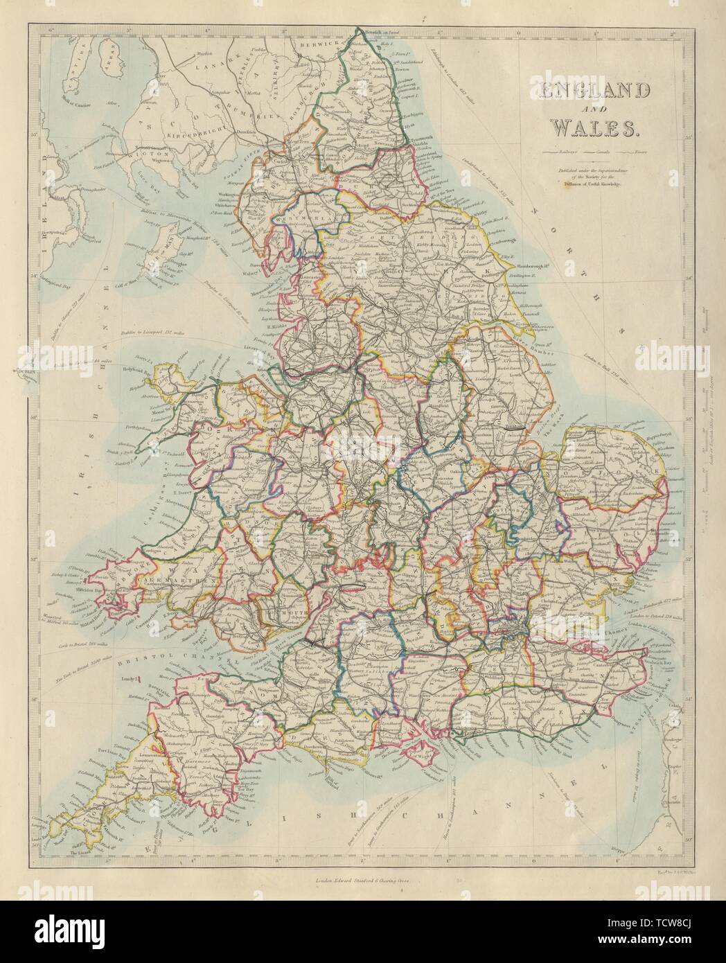 ENGLAND AND WALES. Canals, rivers, railways & counties. SDUK 1874 old ...